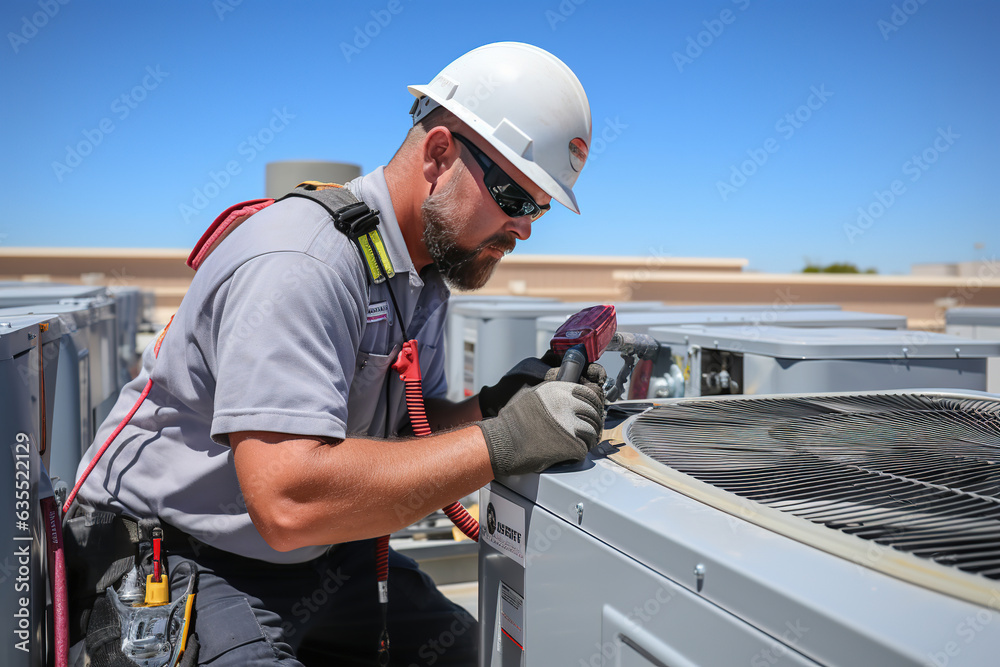 Technician working on air conditioning outdoor unit on hot sunny day ...