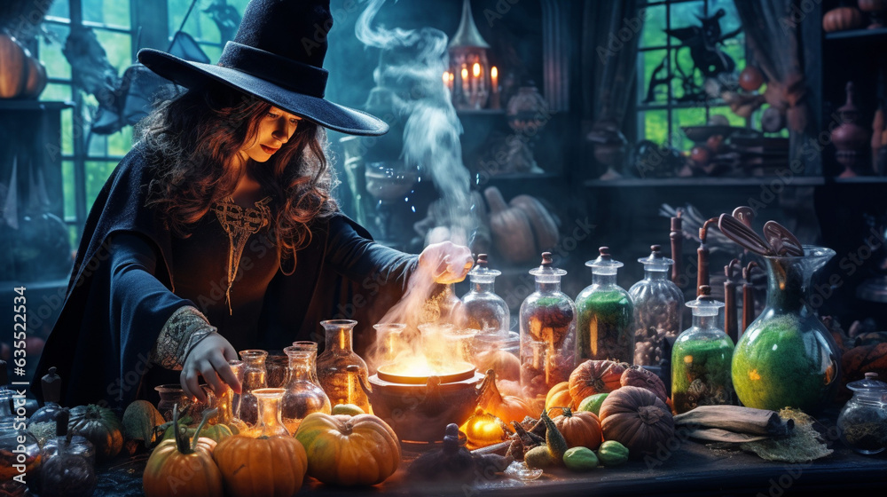 Witch in dark and mystical potion rooma, surrounded by an array of ...