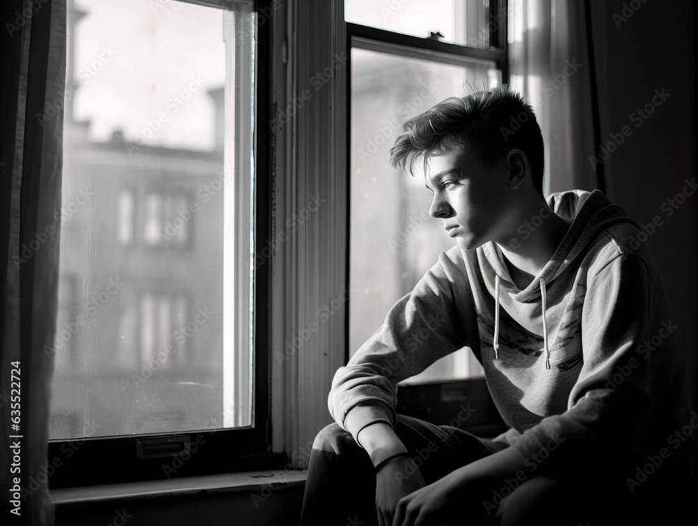 Black and white photo of a teenage sitting by a window. The composition ...