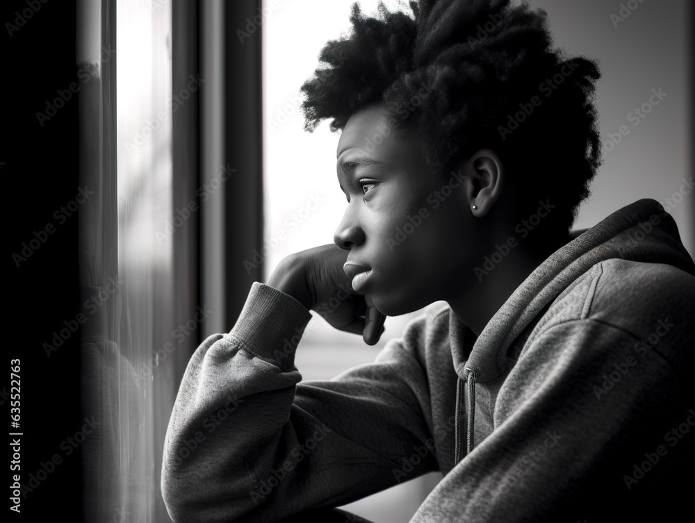 Black and white photo of a teenage sitting by a window. The composition ...