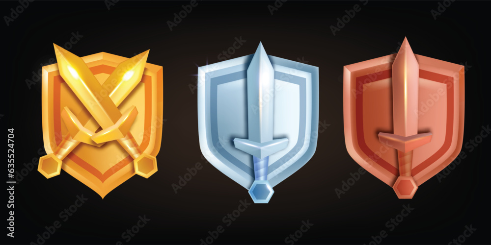 3D game badge shield vector set, UI level up medieval rank sword ...