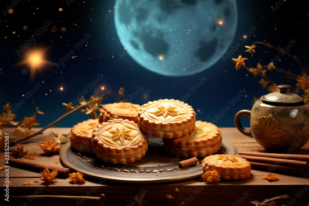 Mooncakes on the background of the full moon, Mid-Autumn Day in China 3 Stock Photo | Adobe Stock