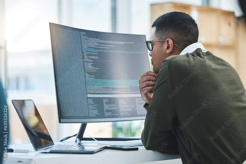 Man, computer screen and thinking of coding, programming or software development and online ...