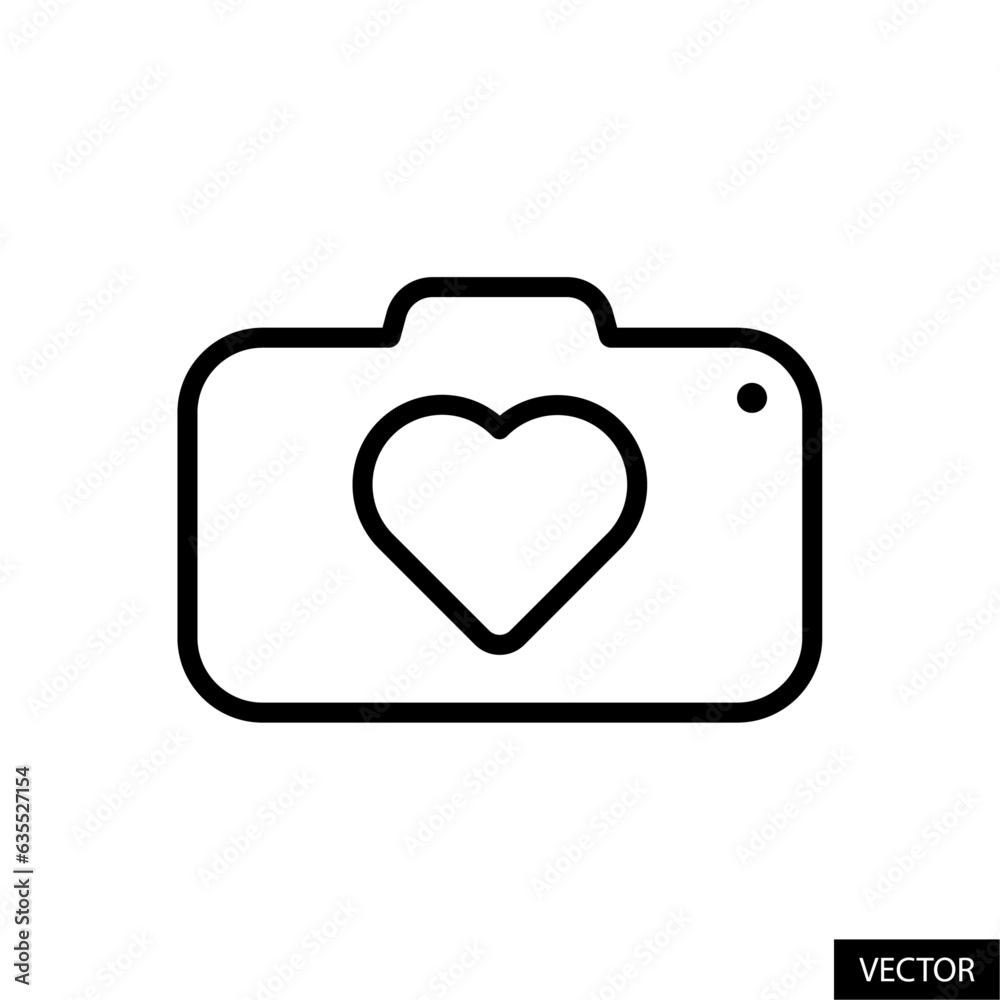 Camera with heart symbol, love photography vector icon in line style ...