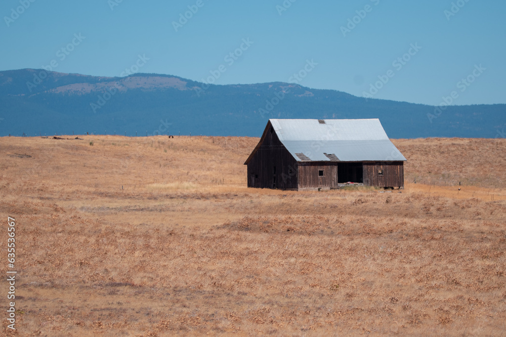 abandoned barn out building baron field with mountain range behind ...