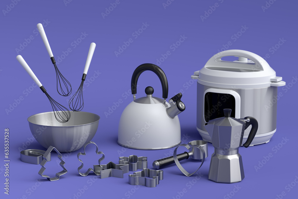Espresso coffee machine, hand mixer, kettle and toaster on violet ...
