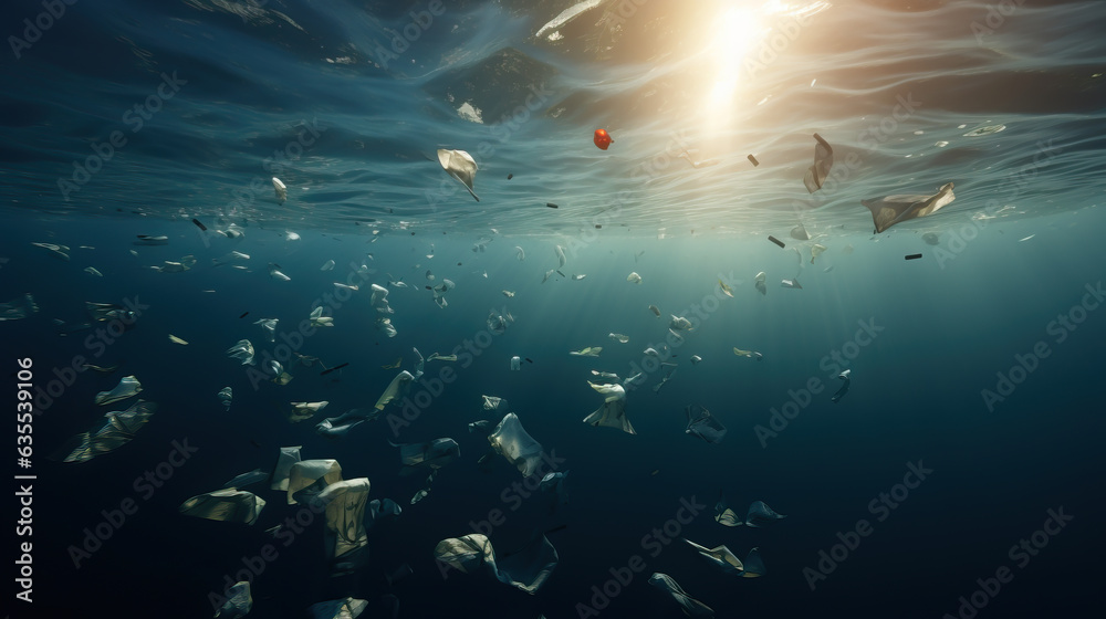 Underwater illustration of garbage like plastics and rubbish floating ...