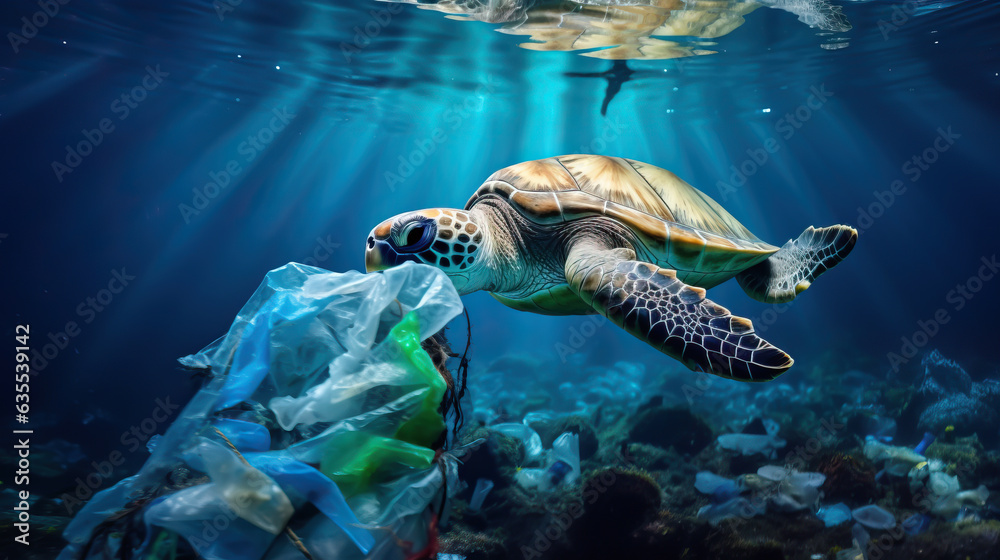 Sea turtle swimming the ocean surrounded by floating garbage and ...