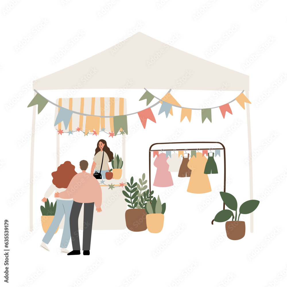 summer market illustration, people walking at festival vector clipart ...