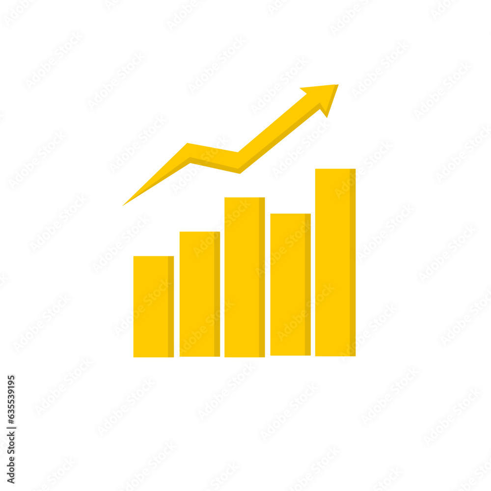 Isolated growth bar charts icon and yellow progress arrow on white ...