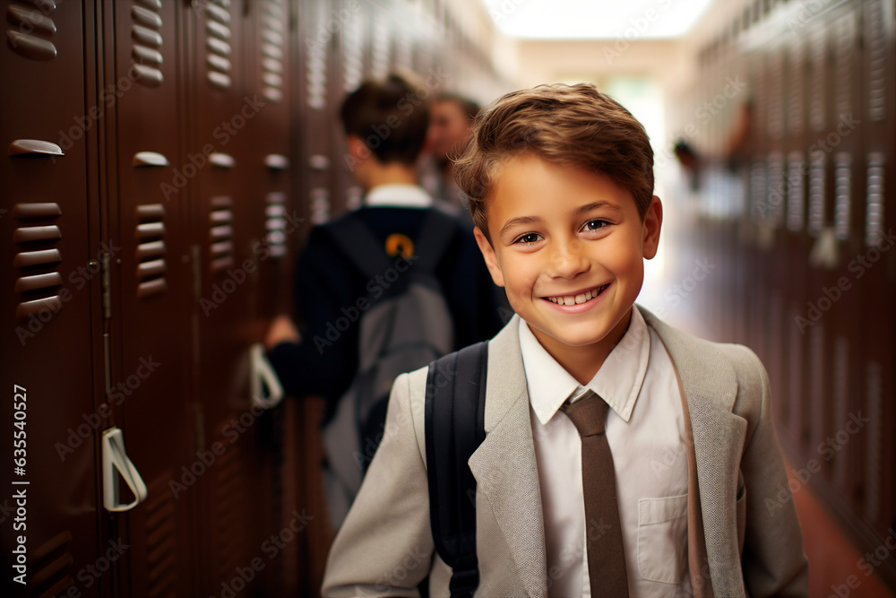 Generative ai collage photo of learner kid with school supply standing ...