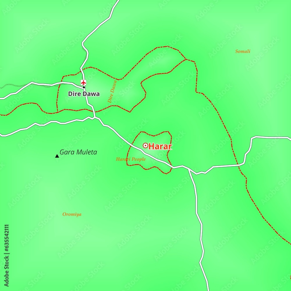 Illustrated Map of Harar City in Ethiopia in green Stock Illustration ...