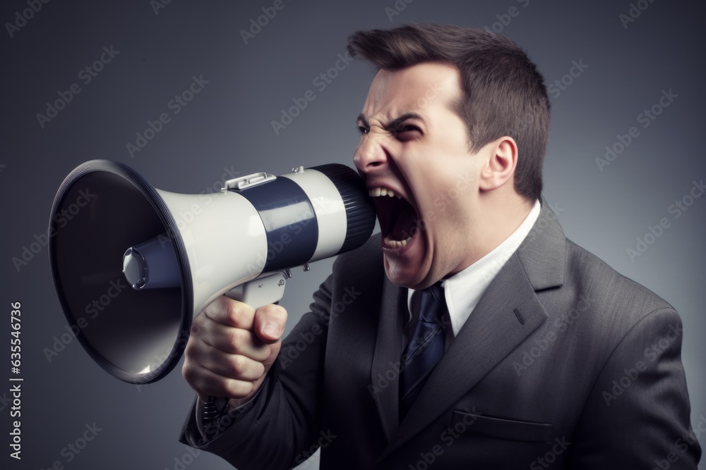 Young angry european businessman shouting to megaphone phone business ...