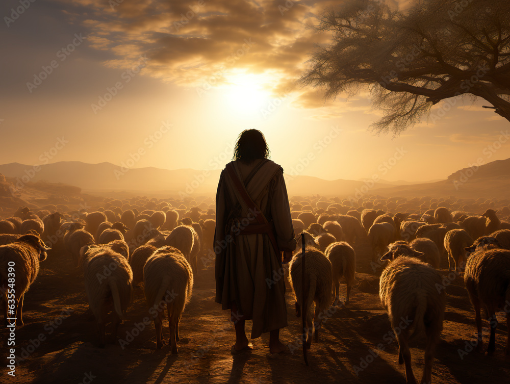 The silhouette of Jesus Christ stands among a gathering of sheep ...