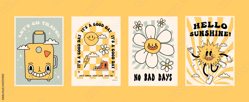 Funny retro summer poster collection print. Groovy bright character ...