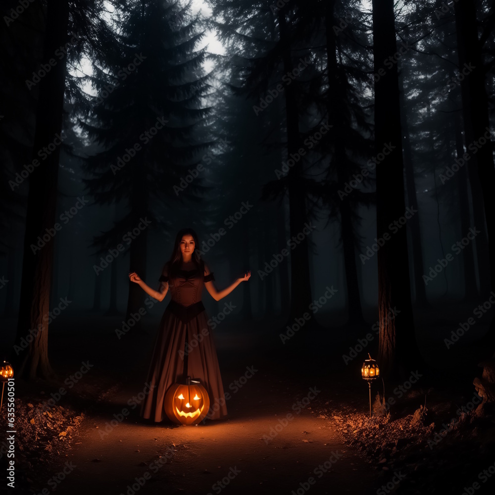 A woman in a dark forest with a pumpkin for halloween performs a ...