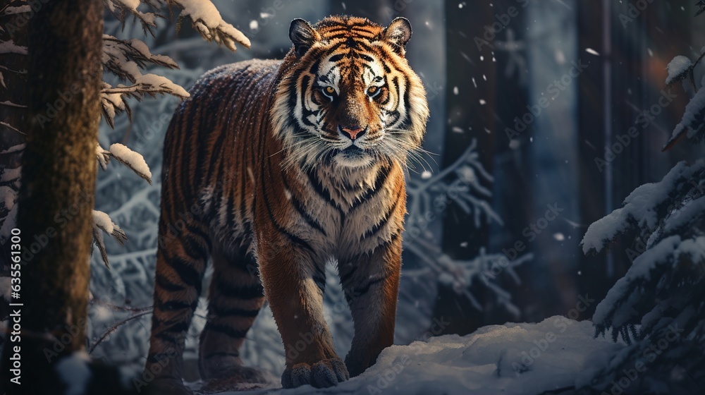 The Amur tiger walks through the forest. Dangerous animal, taiga ...