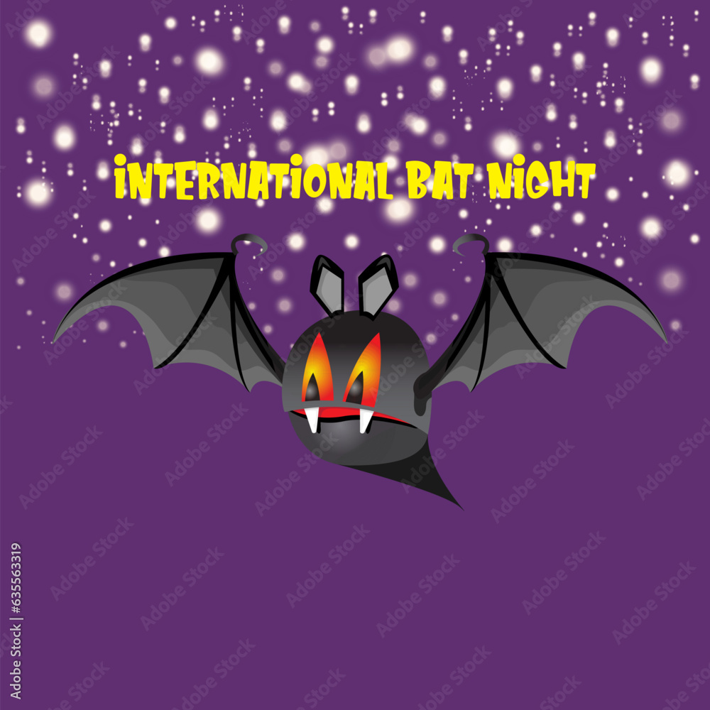 International bat night banner or poster with cartoon bat on violet ...