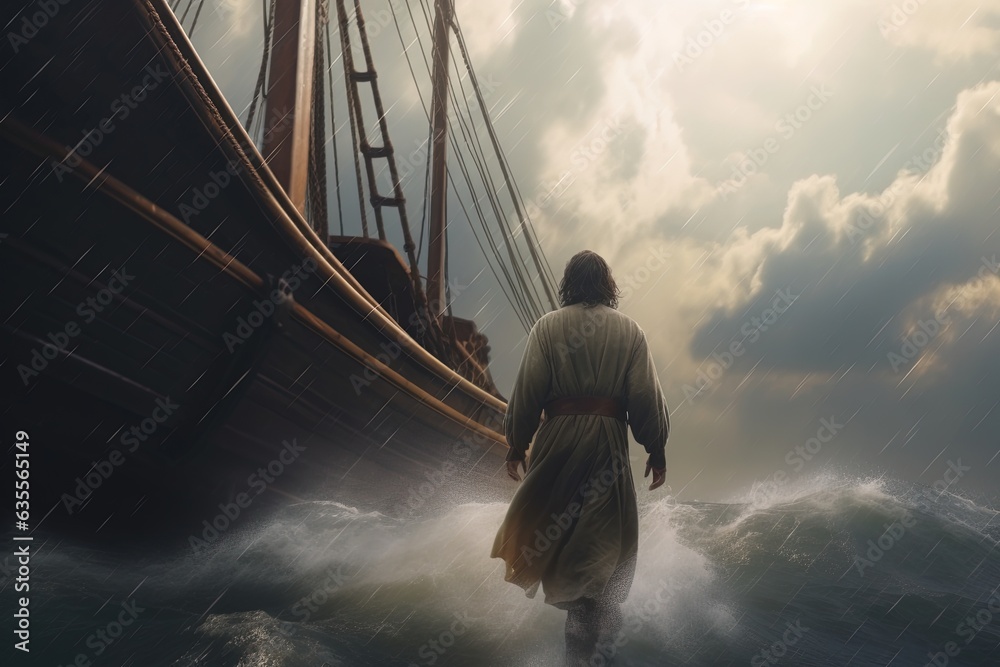 Jesus Christ walking on water toward a fishing boat. Stock Illustration ...