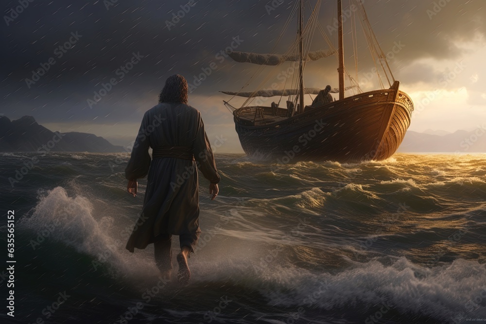 Jesus Christ walking on water toward a fishing boat. Stock Illustration ...