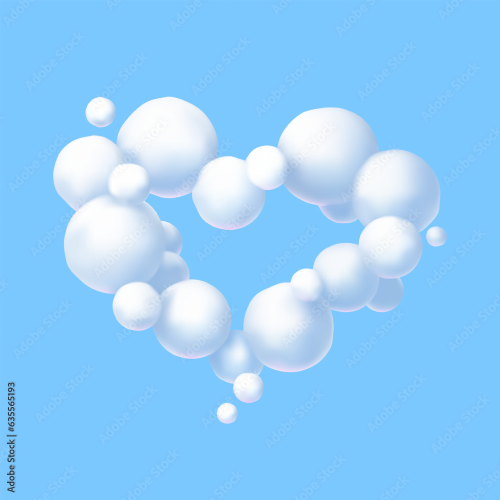 3D bubble cloud in heart shape with cartoon style: realistic vector depiction of fluffy white ...