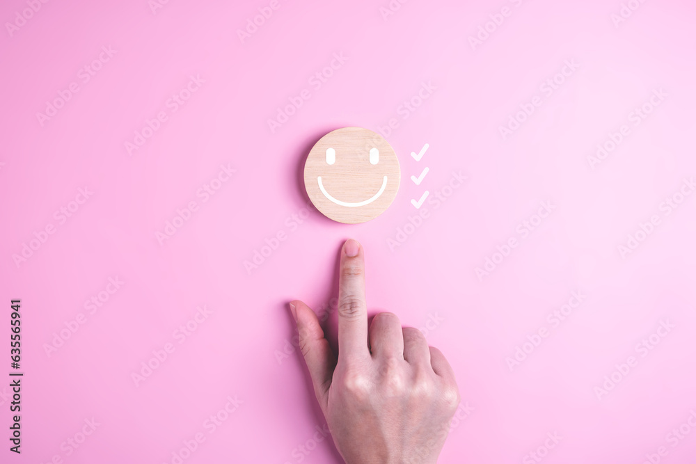 Hand with happy smile face emotion on background, Customer service ...