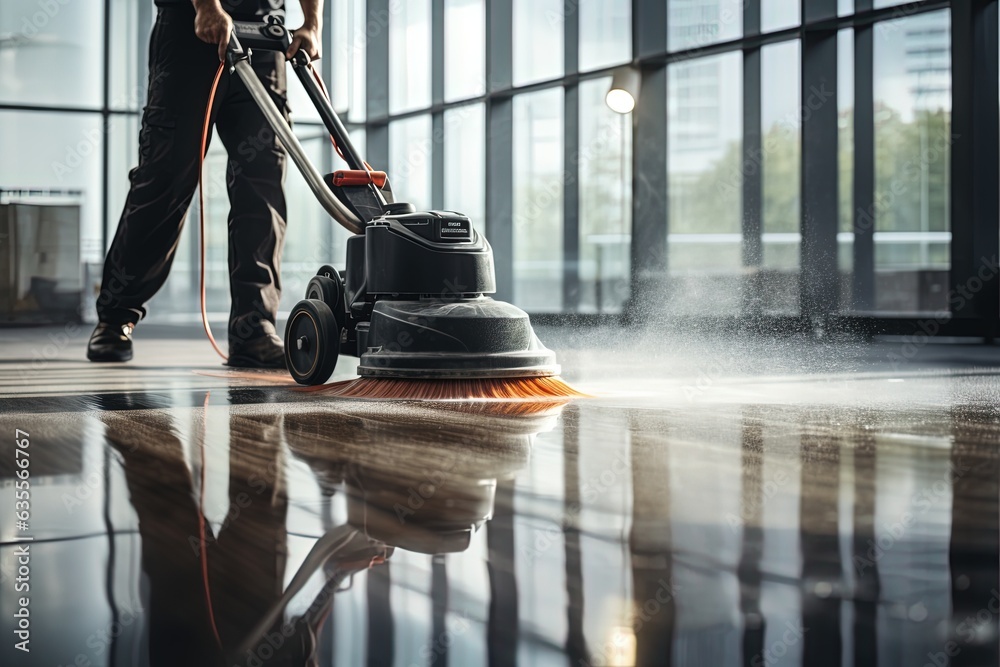 Worker washing office floor with cleaning machine. Stock Photo | Adobe ...