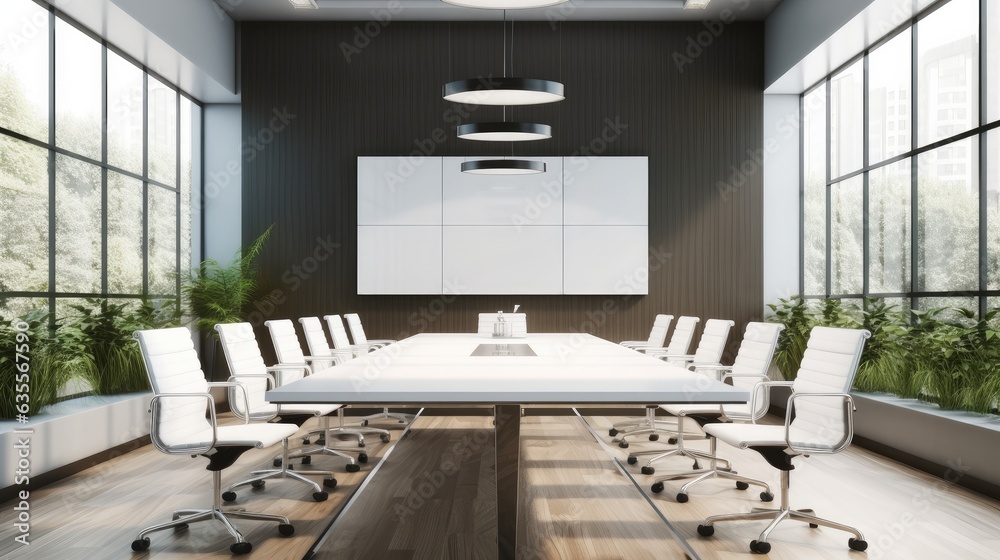 New conference room interior with long table and chairs, Concept of ...