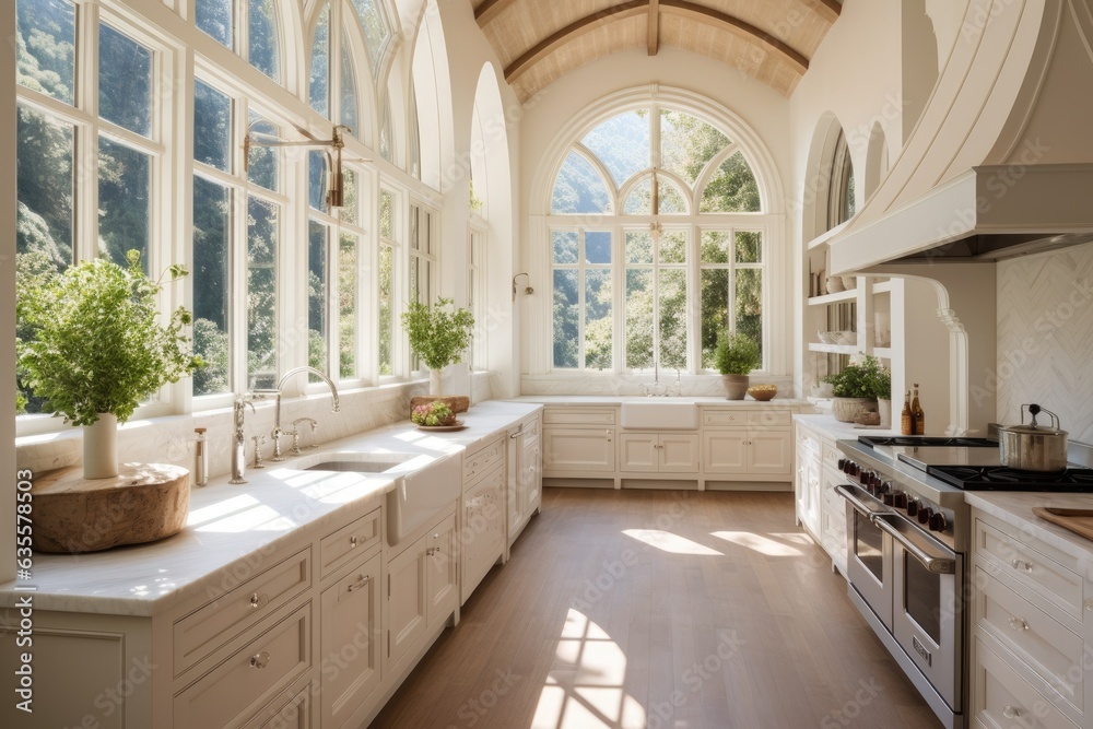 Light filled kitchen with arch windows, wooden and marble accents ...