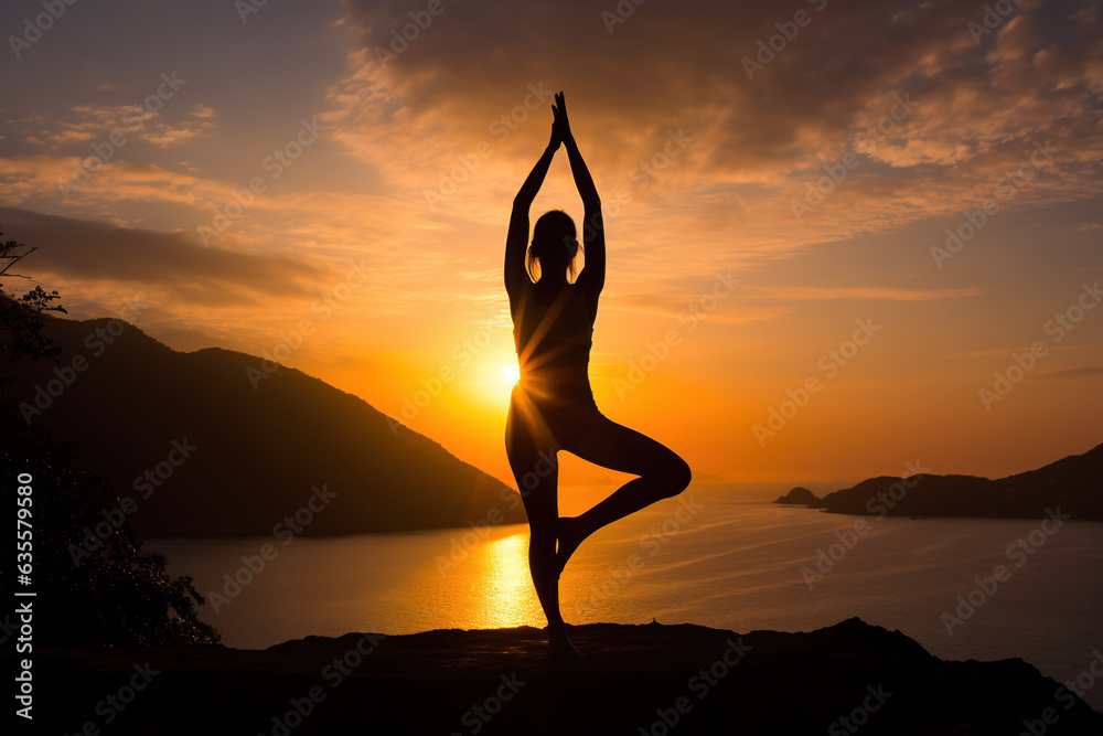 Silhouette in a yoga pose with the rising sun in the background Stock ...