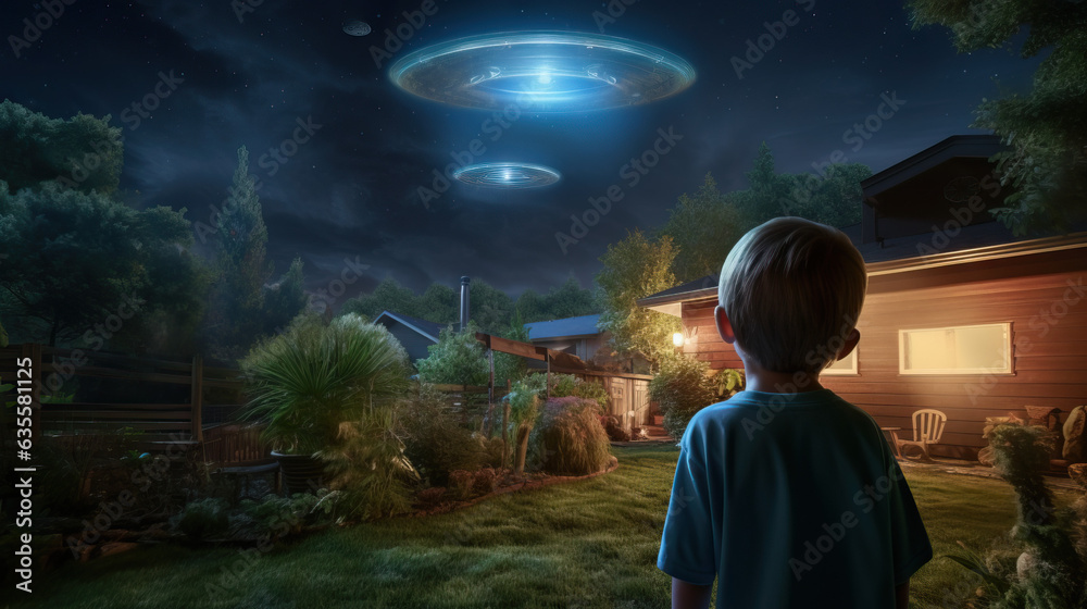 Young Boy Child Looking Up Into Night Sky at UFO Aliens in Backyard ...