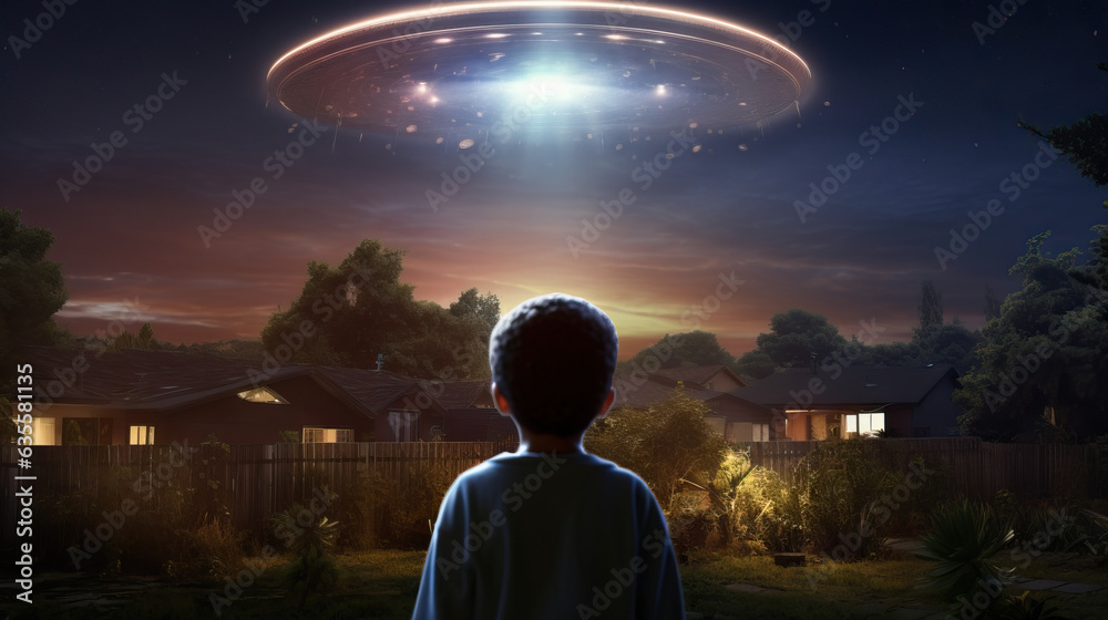 Young Boy Child Looking Up Into Night Sky at UFO Aliens in Backyard ...
