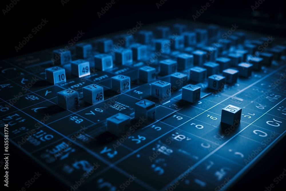 Dark background, blue periodic table showcasing 118 elements with ...