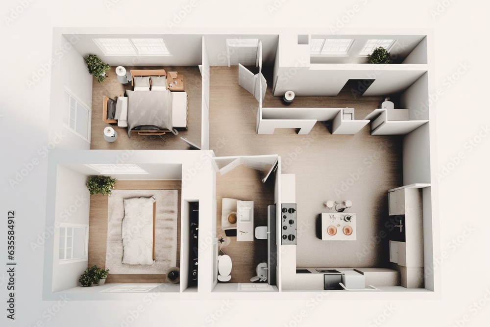 Overhead view of apartment interior on a blank white background with a ...