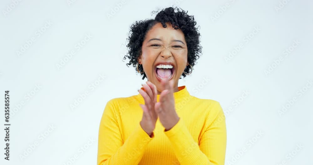 Face, funny and woman with applause, smile and winner on a white studio ...