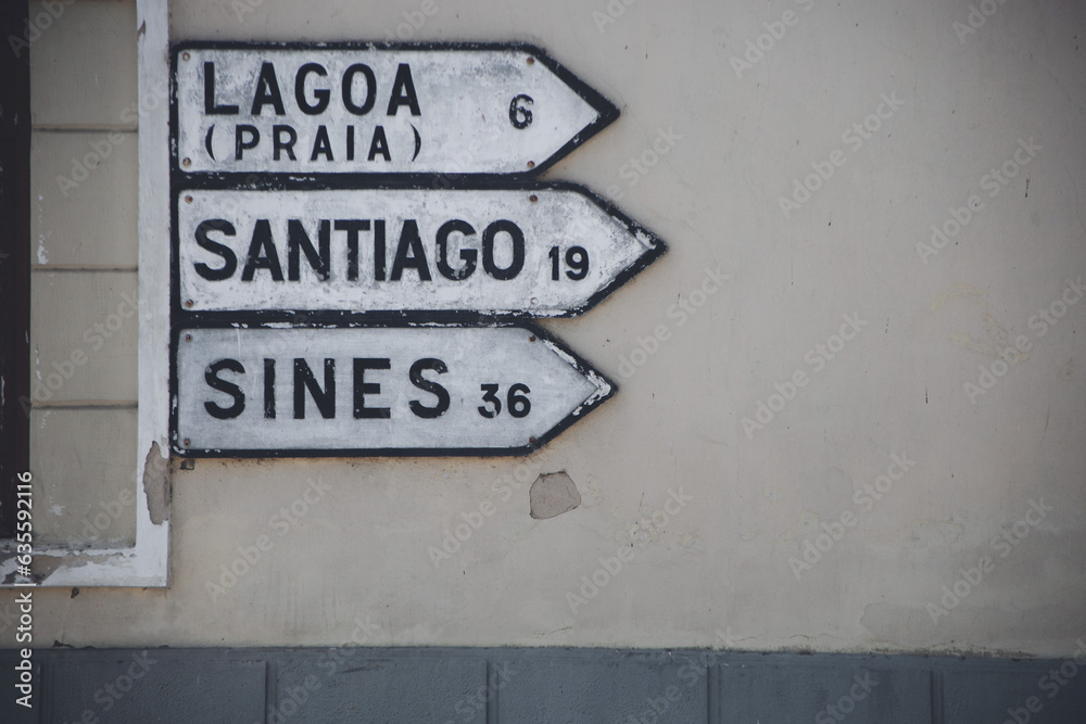 Road signs in Melides, Alentejo, directing the way to Lagoa, Santiago ...