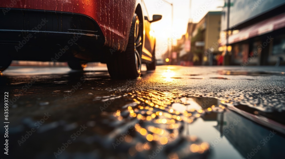 Selective focus of engine oil stains of car leaking under the car on ...