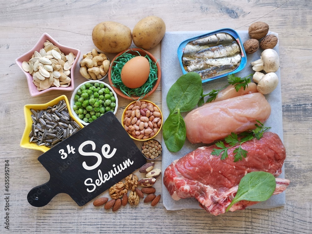 Food rich in selenium with the symbol Se and atomic number 34 for the ...