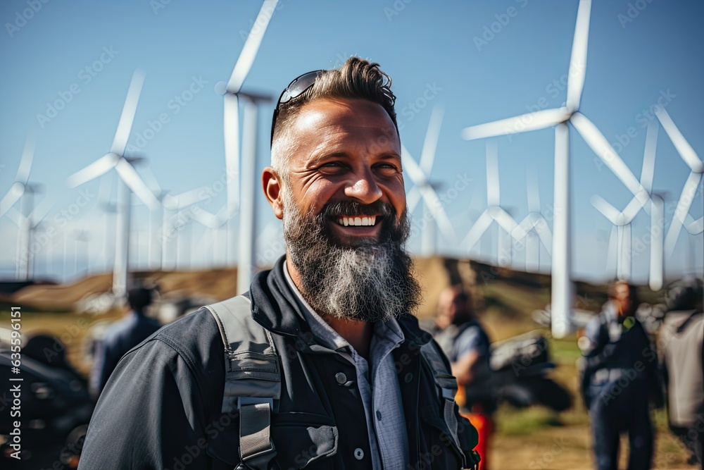 Male engineer windmill check wind turbine in wind farms to generate ...