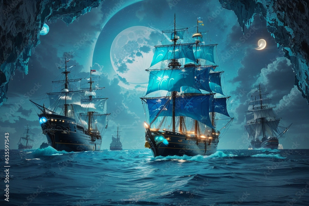 Envision a captivating scene of a mystic pirate ship adrift on the ...