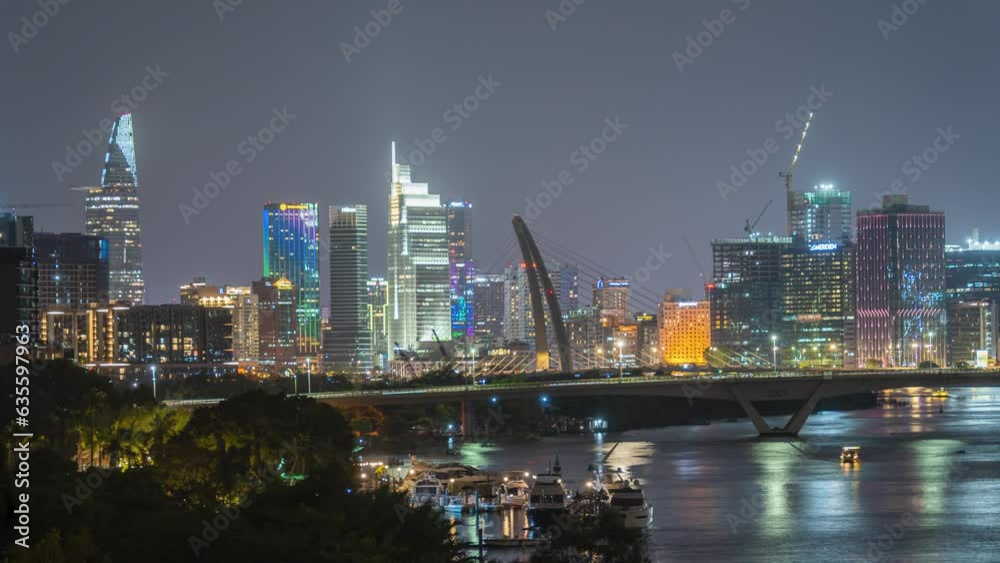 Night view of Saigon with many towers, buildings, roads, Thu Thiem ...