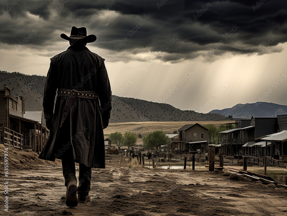A lone cowboy strolling through the rugged streets of a western town ...
