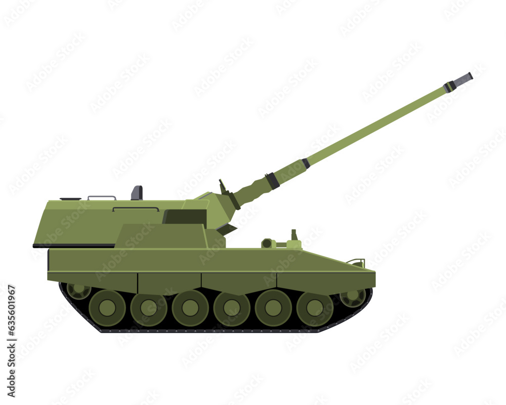 Self-propelled howitzer in flat style. Raised barrel. Military armored ...