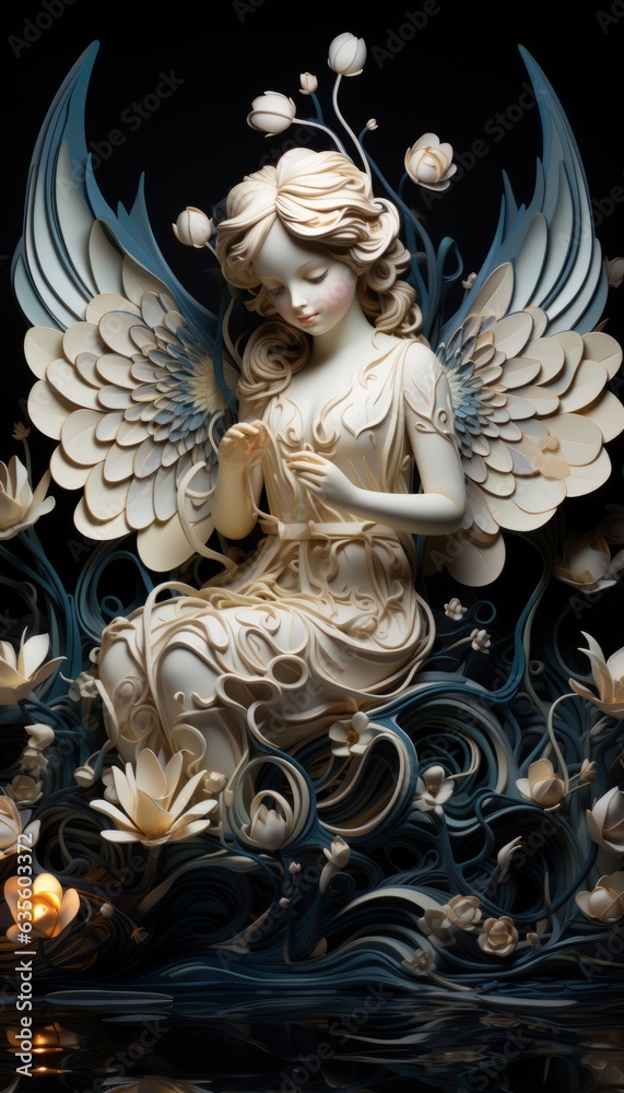Statue of an angelic and holy girl in flowers. Holy girl from a stone ...