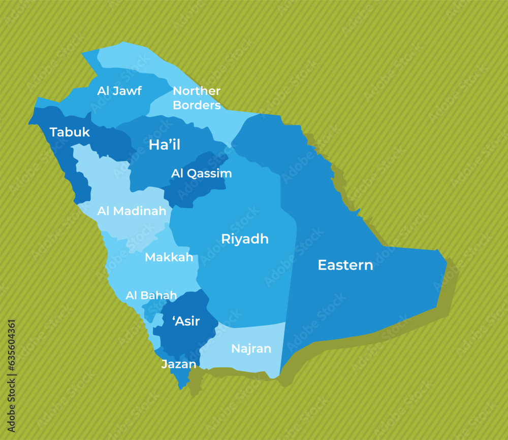 Saudi arabia map with names of the regions blue political map green ...