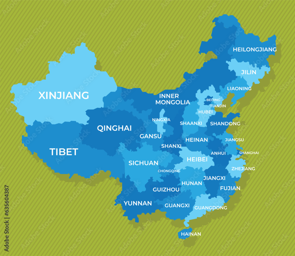 China map with names of the regions blue political map green background vector illustration ...