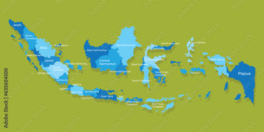 Indonesia map with names of the regions blue political map green ...
