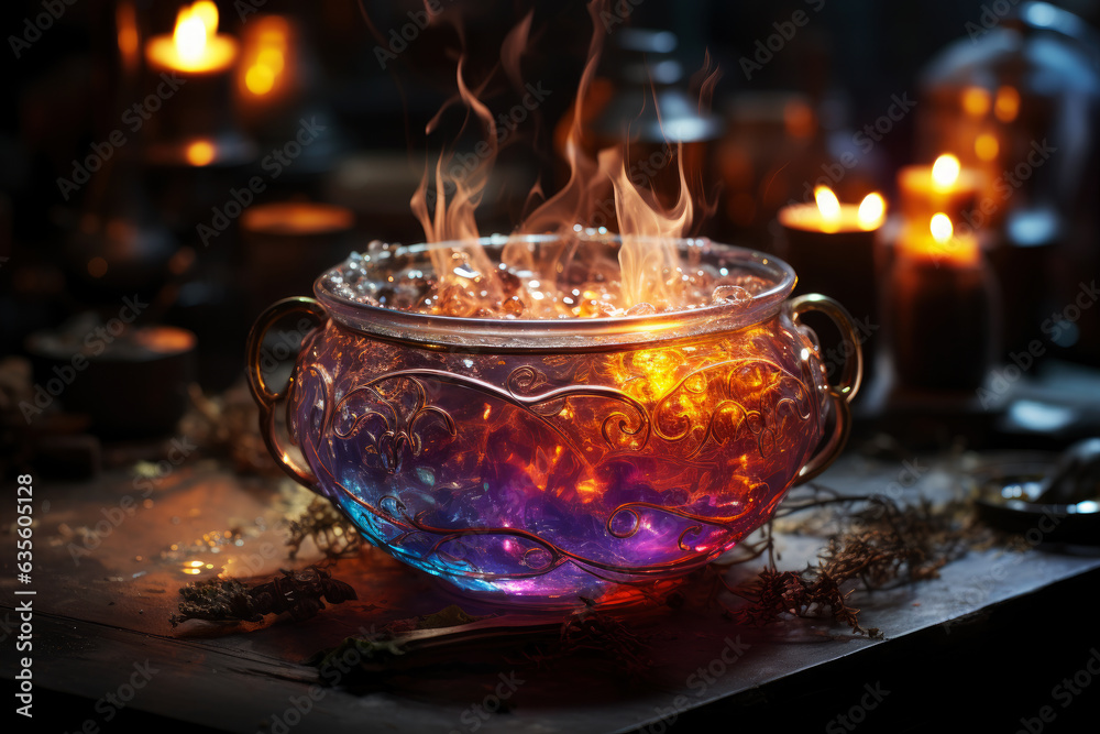 Witch cauldron with boiling luminous potion and various magic ritual ...
