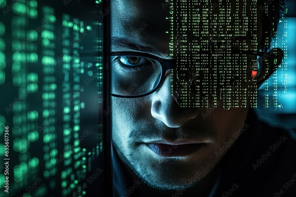 The Concept Of Modern Computer Technology And Programming The Programmer S Face Is Close Up