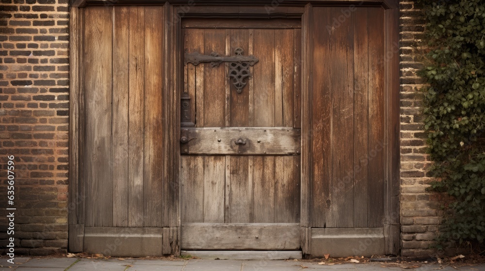Cheap old battered wooden front door, old crumbling wall, generative ai ...